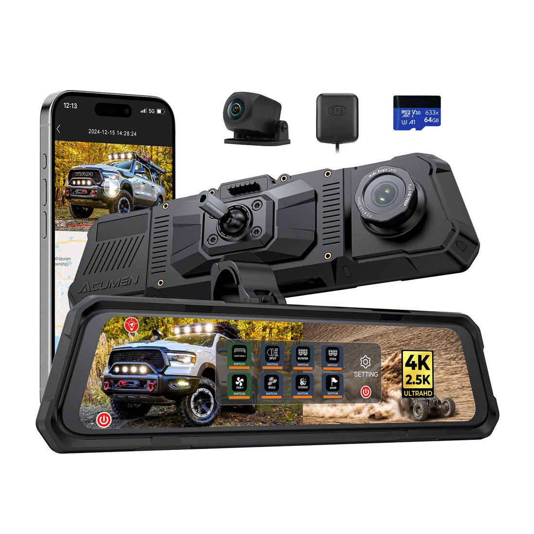 Acumen Camera The Legend 2ch Waterproof Rear View Mirror Dash Cam with ...